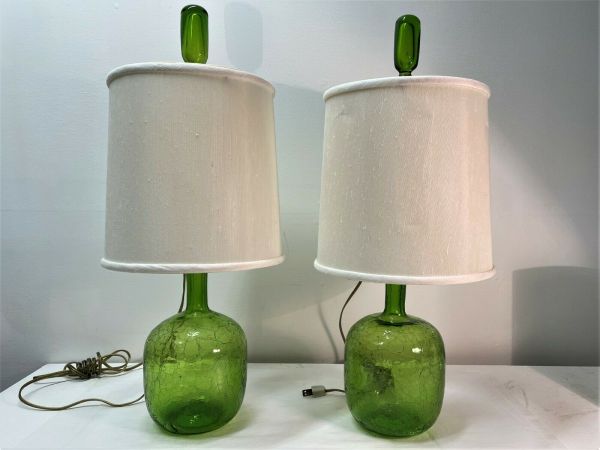 Myers Green Crackle Glass BLENKO Table Lamps With Finials. Mid Century ...
