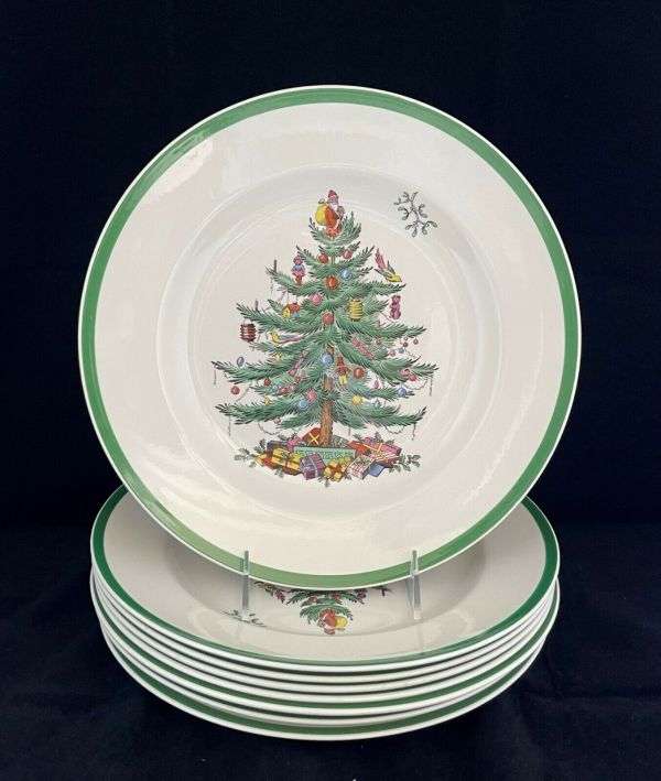 SET 8 Spode England Christmas Tree Green Trim DINNER PLATES | #67598250