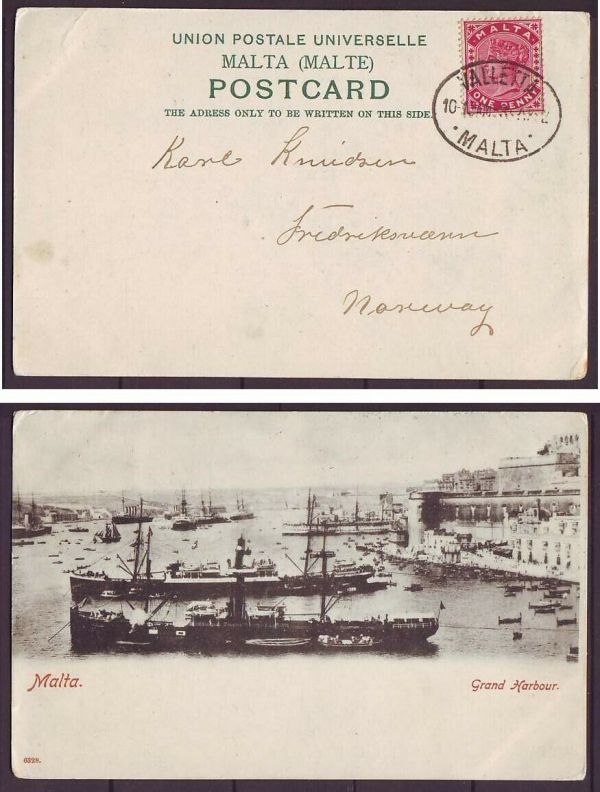 D8320/ Malta Grand Harbour W/Ships Postcard Cover T/Norway 1902 | #67664225
