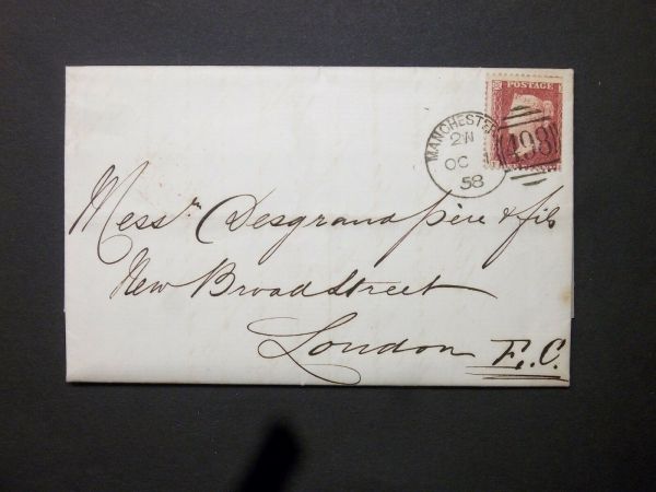 GB Lancashire 1858 QV 1d Red Entire Letter 498 MANCHESTER Spoon To ...