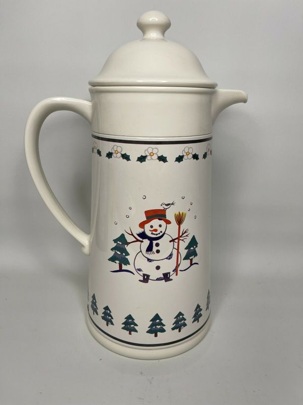 Pfaltzgraff Thermal Vacuum Carafe Snowman Snow Village OGGI Holiday ...