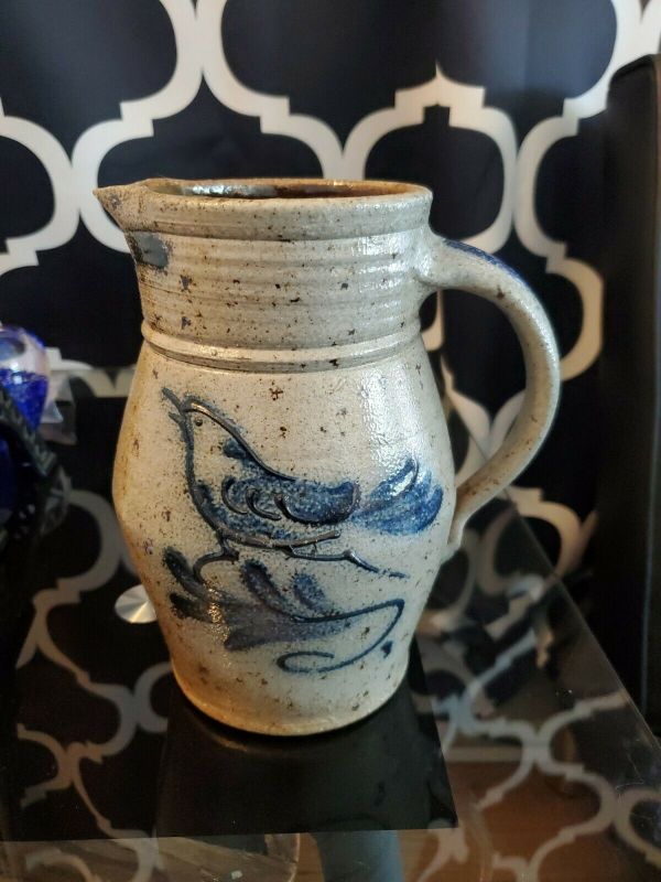 ROWE POTTERY COBALT BLUE SALT GLAZE STONEWARE PITCHER | #68523333