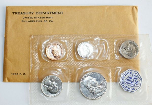 1955 P US Proof Set 3 Silver Coins 1c - 50c Denominations Flat Pack ...